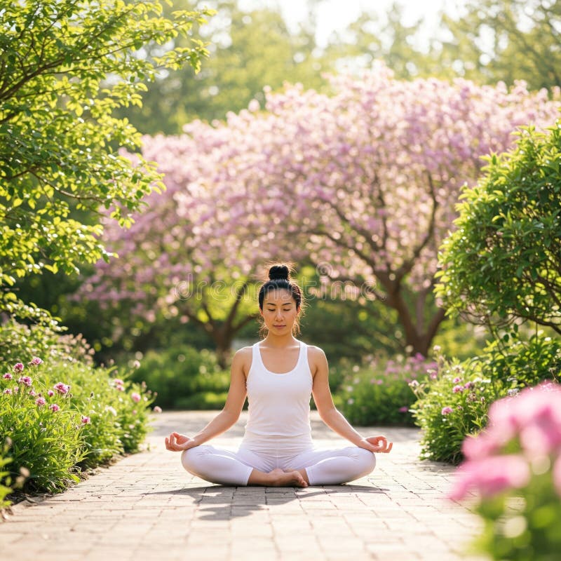 Meditation in a Spring Garden with Flowering Trees. Stock Photo - Image ...