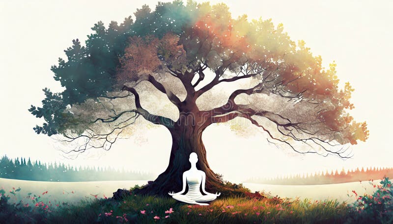 Meditation by the Tree Illustration Stock Illustration - Illustration ...