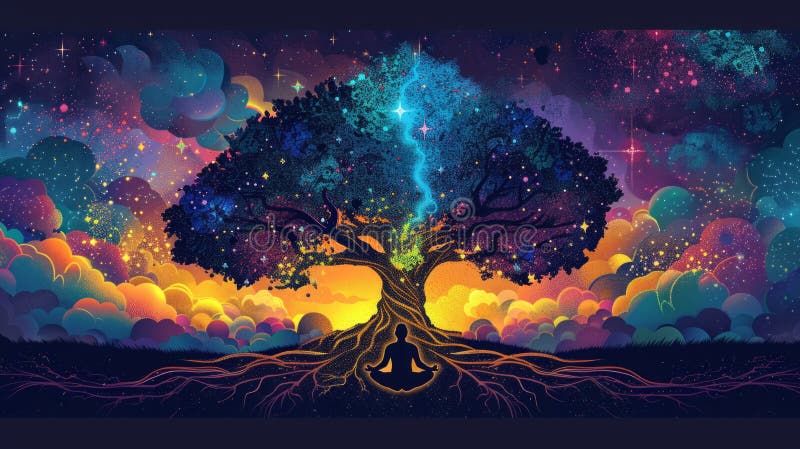 Meditation Under Cosmic Tree Connecting Earth and Universe Stock Photo ...