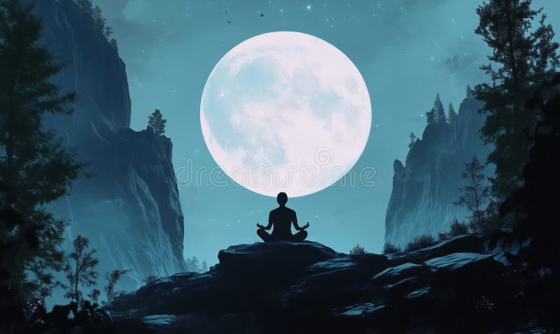 Meditation Under a Full Moon in a Serene Mountain Landscape Stock Photo ...