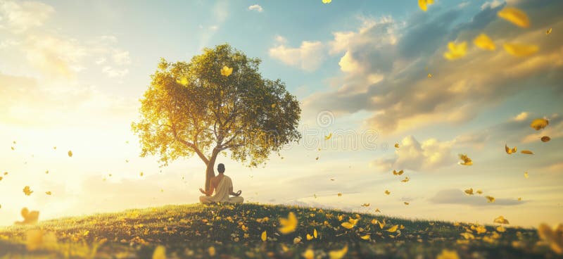 Meditation Under a Tree with Falling Leaves at Sunset in a Serene ...