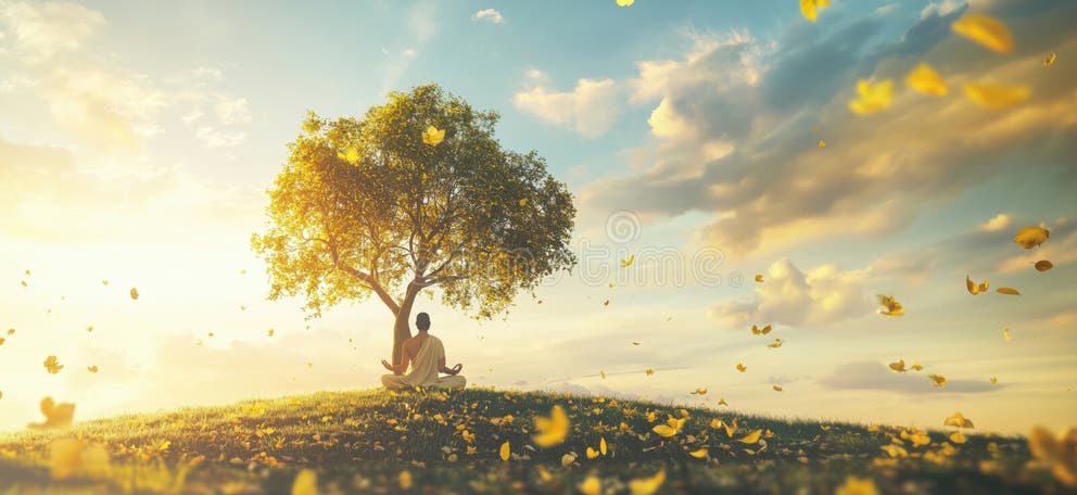 Meditation Under a Tree with Falling Leaves at Sunset in a Serene ...