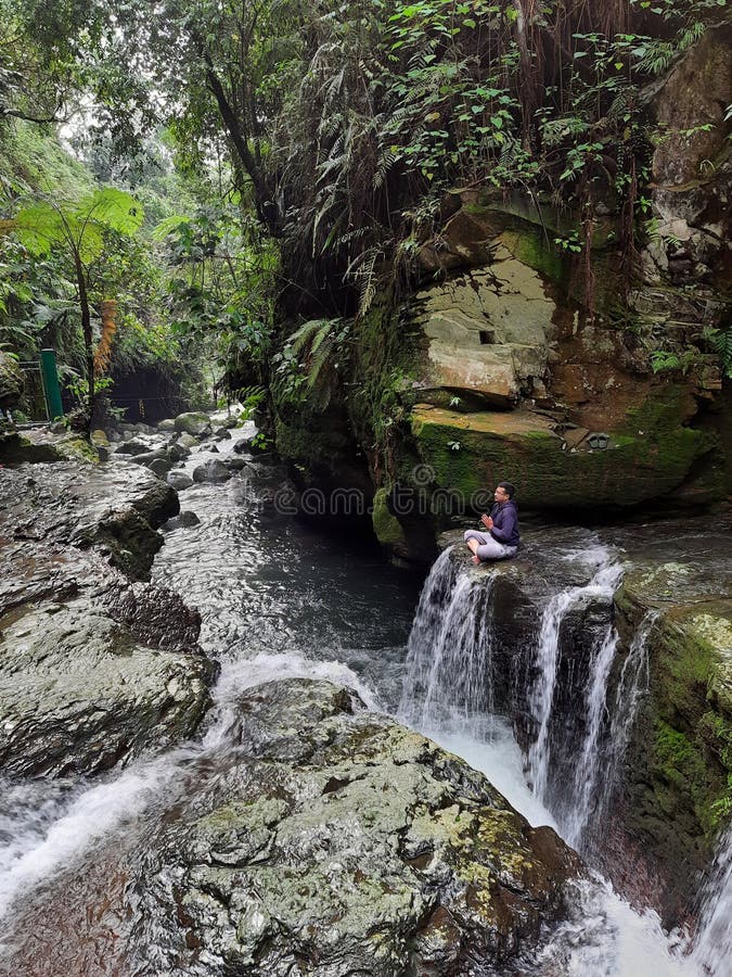 Meditation on Waterfall Stream Rock Stock Image - Image of tree ...