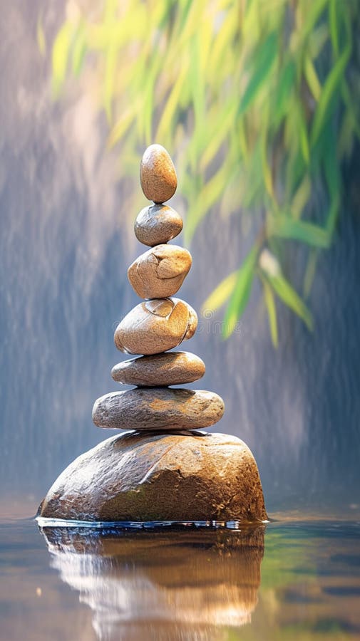 Meditative Balance Zen Stones Placed Harmoniously by the River Stock ...