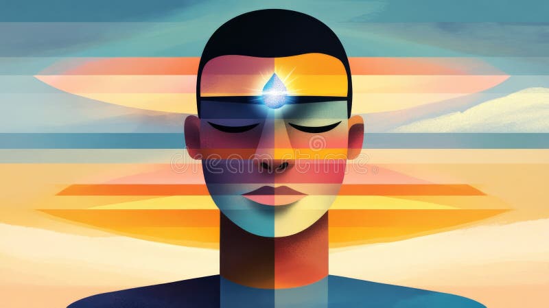 Meditative Figure with Abstract Color Patterns Representing Tranquility and Self-reflection in a ...