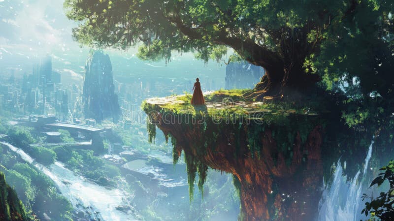 Meditative Figure on a Cliffside Overlooking a Lush Fantasy Landscape ...