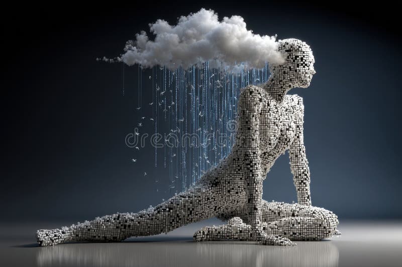 Meditative Figure with Digital Signals Flowing from Head in Artistic ...