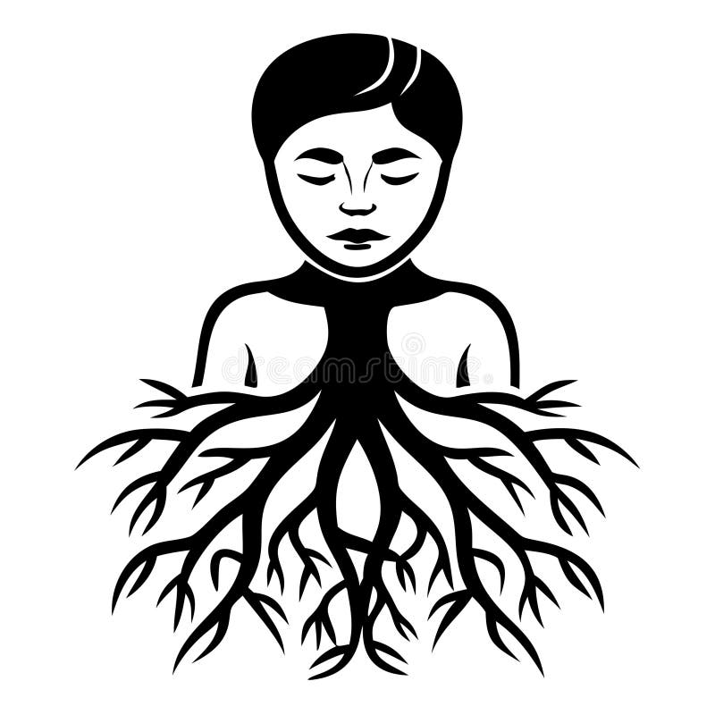Meditative Figure with Rooted Tree Branches Symbolizing Inner Growth ...