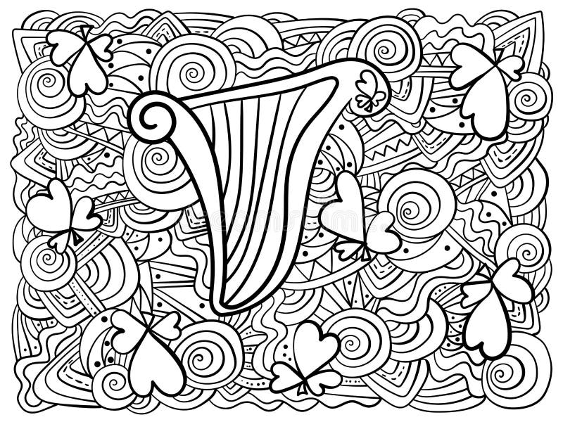 Meditative Horizontal Coloring Page with Harp Clover Shamrocks and ...
