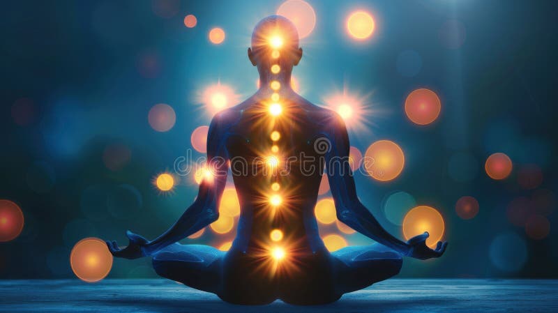 Meditative Human Silhouette with Glowing Energy Points Aligned Along ...