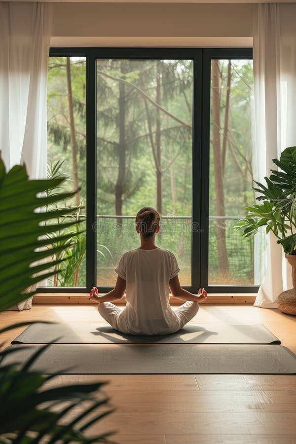 Meditative Pose with a Forest Backdrop through Large Windows in a ...