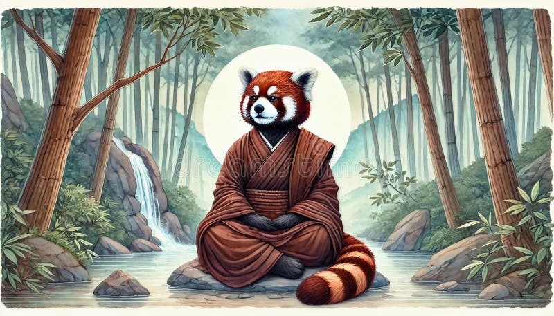 Meditative Red Panda Monk by a Waterfall in Bamboo Forest Stock ...