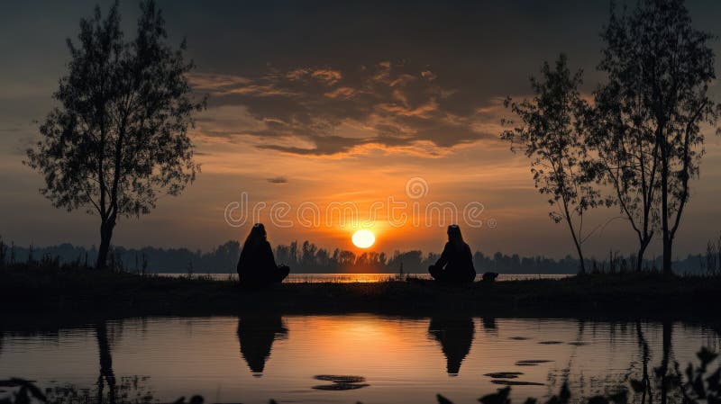 Meditative Silhouette of Two People at Sunset by a Calm Lake Stock ...