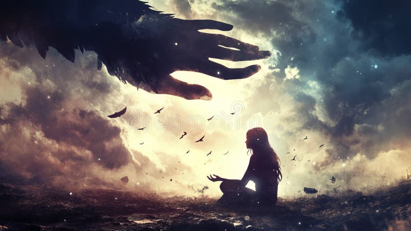 Meditative Woman with Giant Hand in Dramatic Sky Stock Image - Image of ...