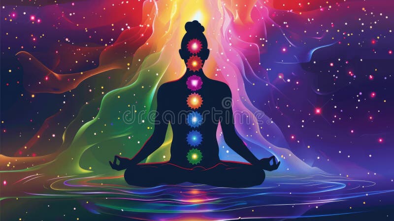 Meditator Silhouette with Vibrant Chakra Points Stock Photo - Image of ...