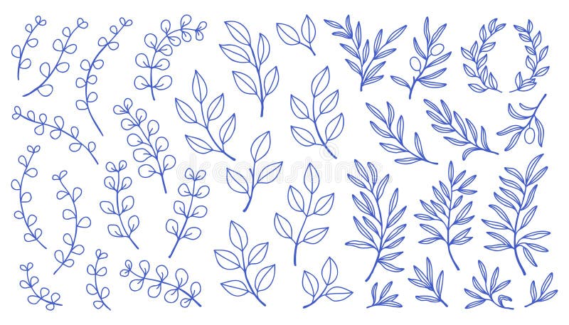 Mediterranean Blue Branches Set. Collection of Various Branches with ...