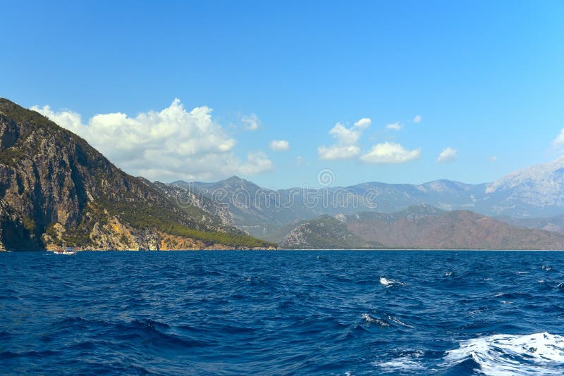 Mediterranean Coast. Green Mountains, View from the Sea Stock Image ...