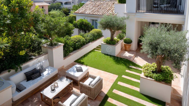 Mediterranean Courtyard with Lush Greenery and Cozy Outdoor Seating ...
