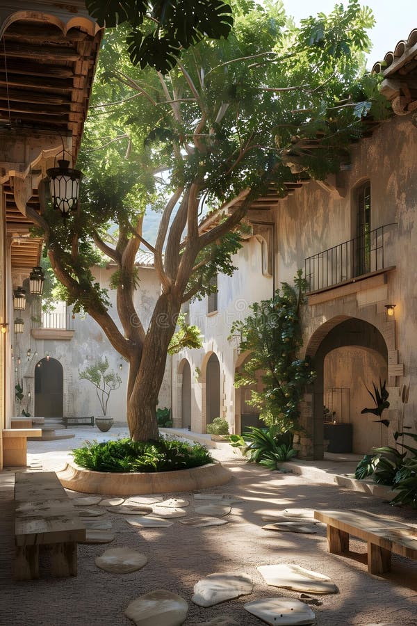 Mediterranean Courtyard with Lush Greenery and Stone Pathway Generated ...