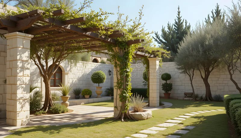 Mediterranean Courtyard Pergola Stock Illustration - Illustration of ...
