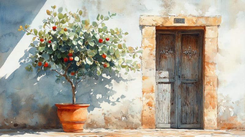 Mediterranean Courtyard with Potted Orange Tree - Generative Ai Stock ...
