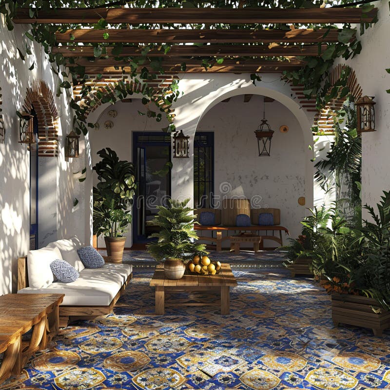 Mediterranean Courtyard with Terra Cotta Tiles and Blue Accents Stock ...