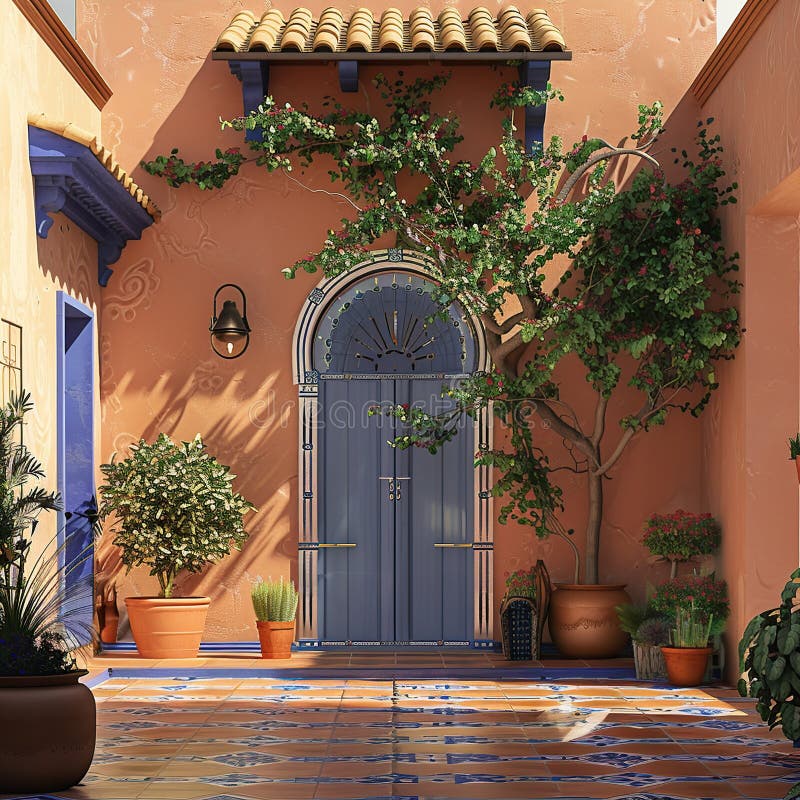 Mediterranean Courtyard with Terra Cotta Tiles and Blue Accents Stock ...