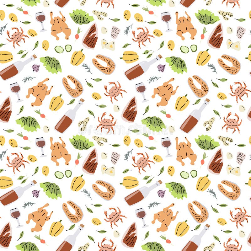 Mediterranean Cuisine Seamless Pattern Featuring Wine, Seafood, and ...