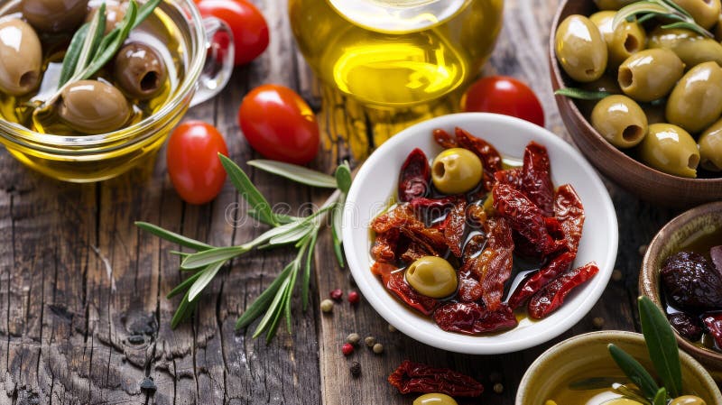 Mediterranean Diet Ingredients on Rustic Wooden Table Stock ...