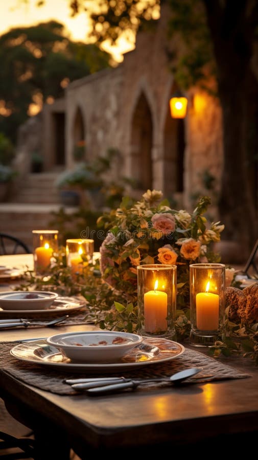 A Mediterranean Dining Experience Dinner Table Set Outdoors in a ...