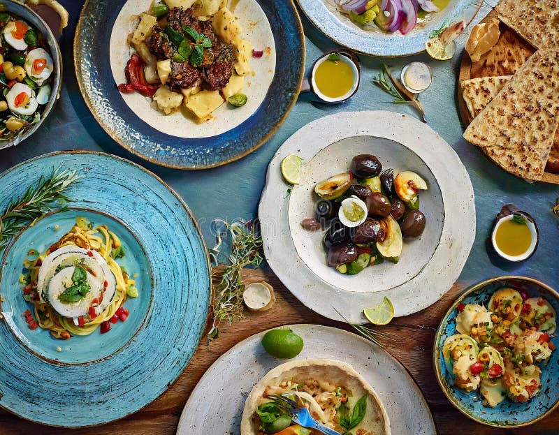 Mediterranean, Food. Flat Lay of Table Setting with Variety of ...