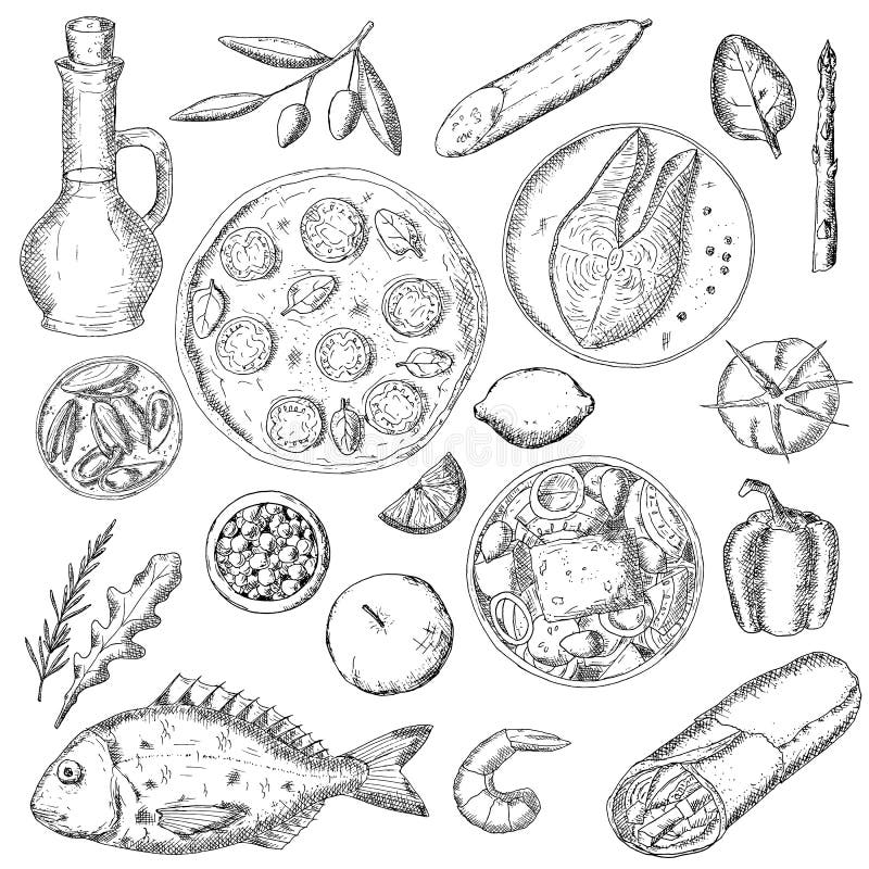 Mediterranean Food. Vector Illustrations. Isolated Objects on White ...
