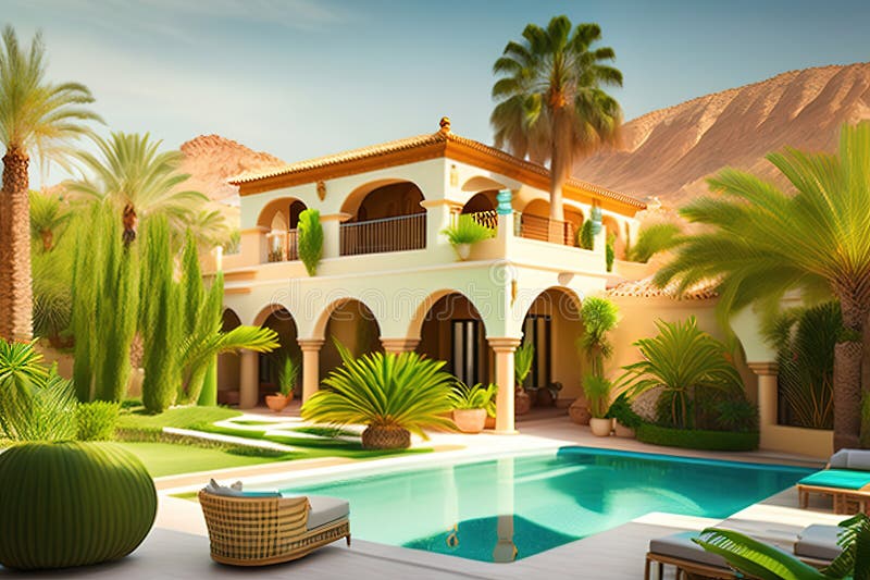 Mediterranean Green Villa with Palm Trees and Pool, Ai Generated Stock ...