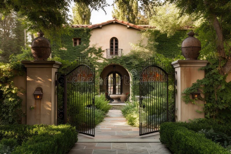 Mediterranean House with Arched Entry Gate, Lanterns and Lush Greenery ...