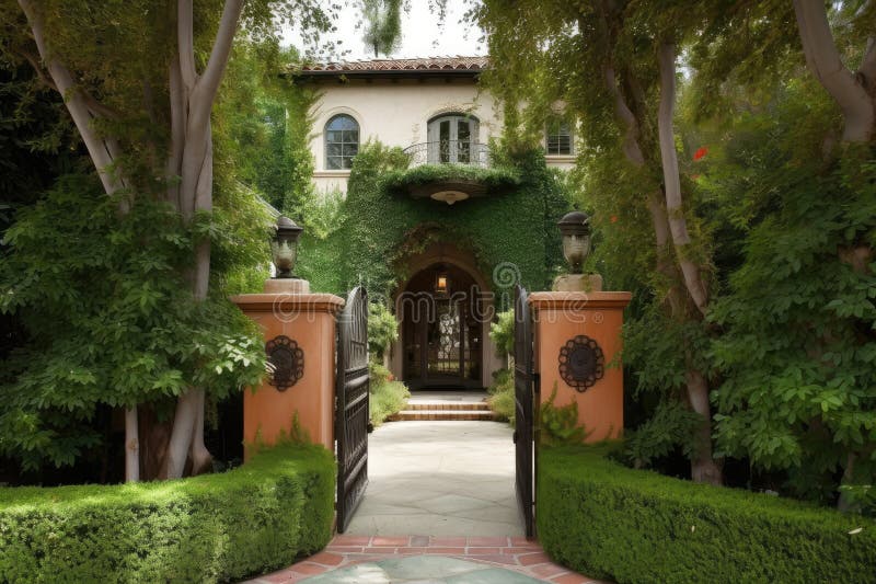 Mediterranean House with Arched Entry Gate, Lanterns and Lush Greenery ...