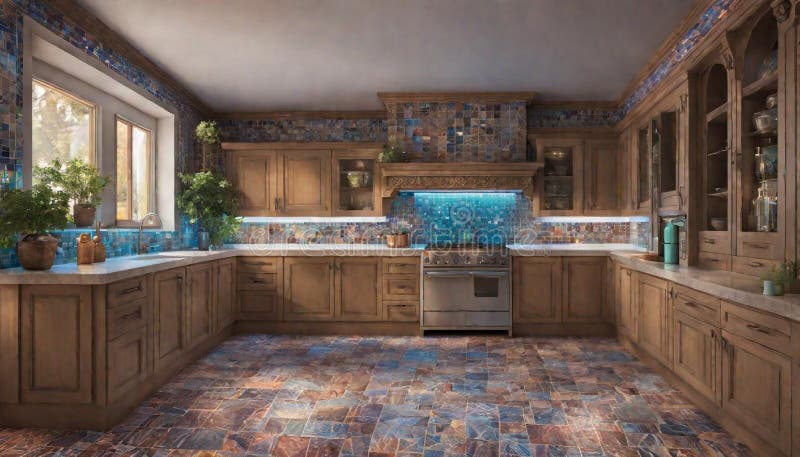 A Mediterranean-inspired Kitchen with Neon Lights Accentuating Mosaic ...