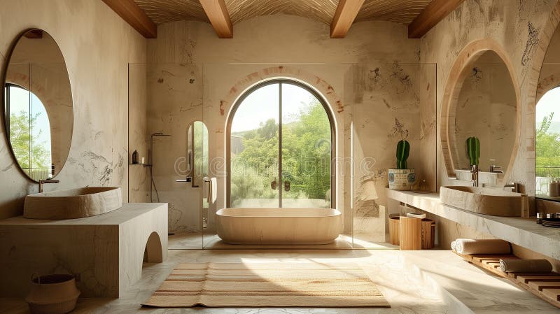 Mediterranean Interior Design of Modern Spacious Bathroom with Rustic ...