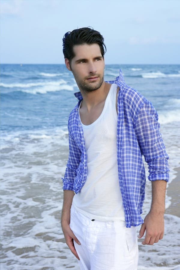 Mediterranean Latin Young Man on Beach Stock Image - Image of active ...
