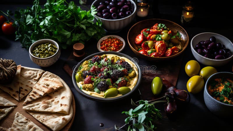 A Mediterranean Meze Table with Olives and Hummus Stock Illustration ...