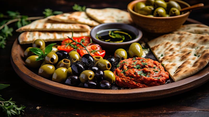 A Mediterranean Meze Table with Olives and Pita Bread Stock ...