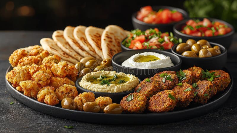 Mediterranean Mezze Platter on Dark Table Stock Photo - Image of ...