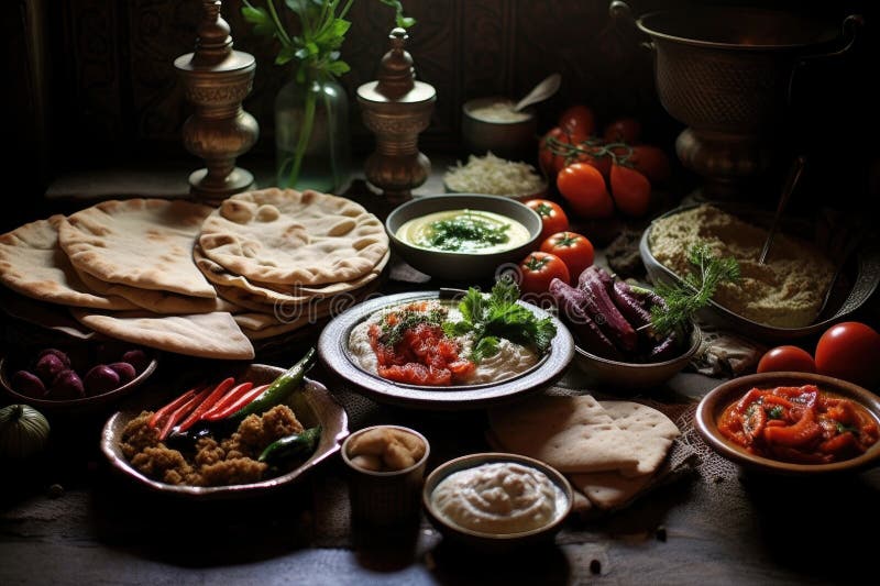 Mediterranean Mezze Spread with Dips and Pita Stock Illustration ...