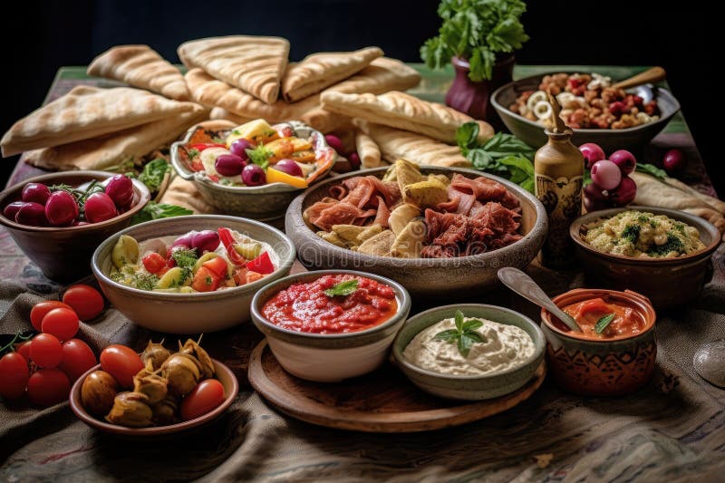 Mediterranean Mezze Spread stock illustration. Illustration of ...