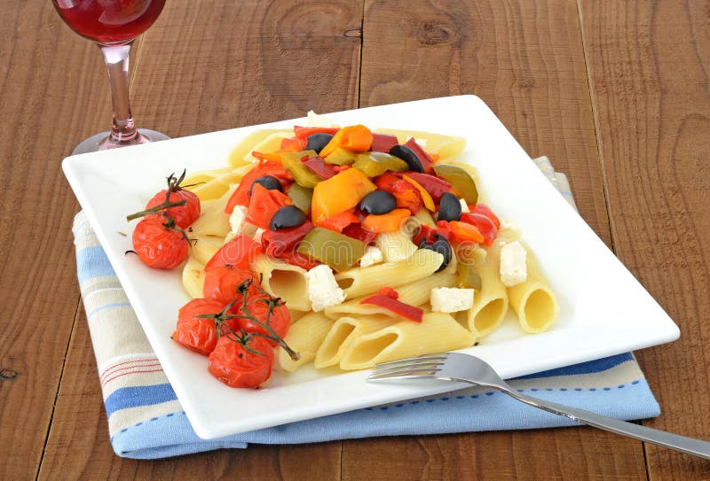 Mediterranean Pasta with Red Wine Stock Image - Image of plate ...