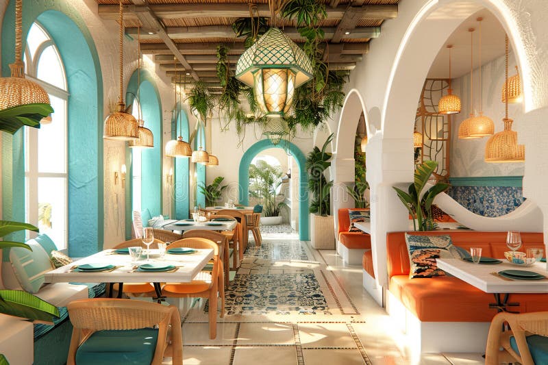 Mediterranean Restaurant Design with Lanterns, Tables, Seating and ...