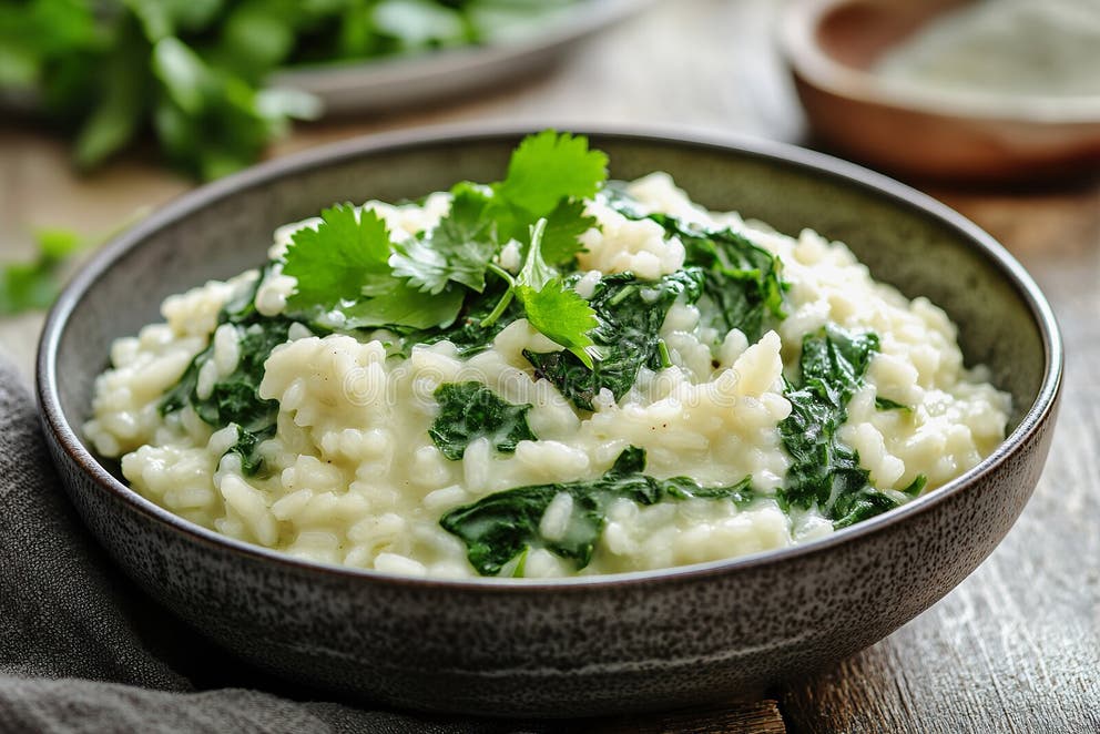 Mediterranean Risotto with Spinach and Cilantro Served in a Rustic Bowl ...