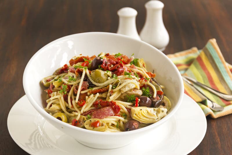 Mediterranean Salami Spaghetti Stock Photo - Image of flavor, cuisine ...