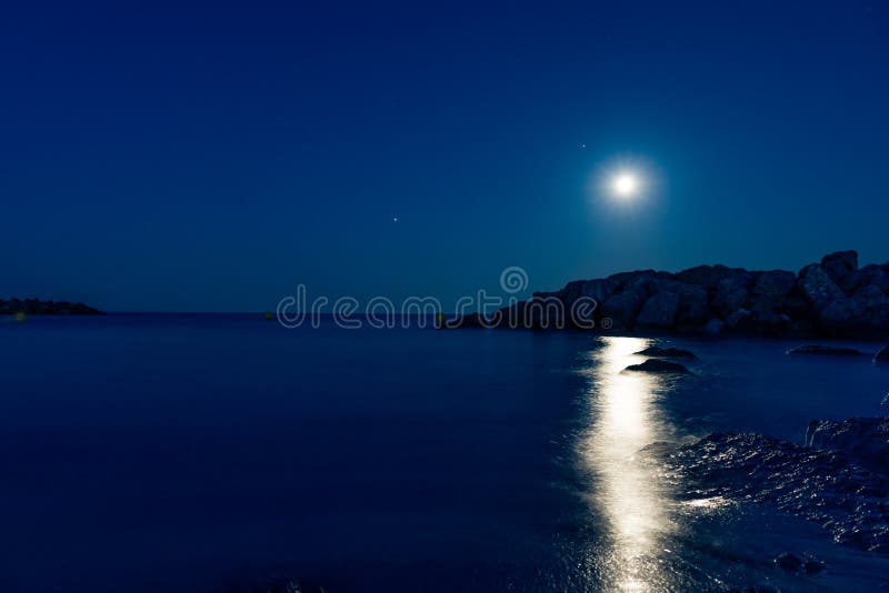 Mediterranean Sea Beach at Night with Full Moon Stock Photo - Image of ...