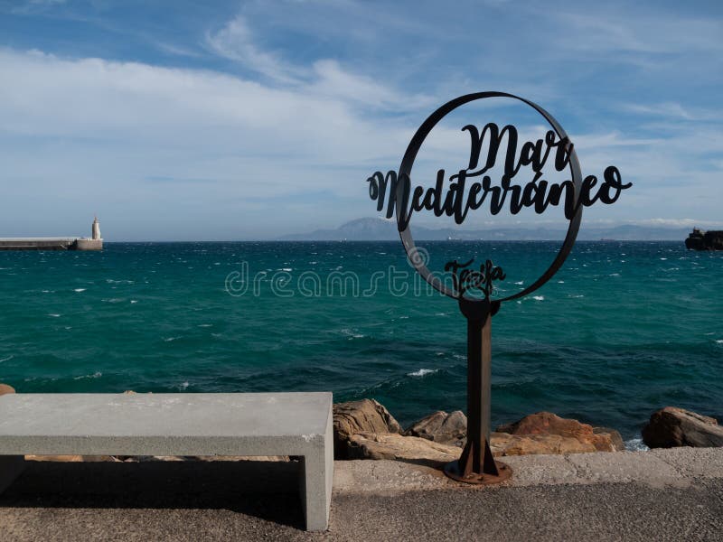 Mediterranean Sea Sign in Tarifa. Cartel and Sea Stock Photo - Image of ...