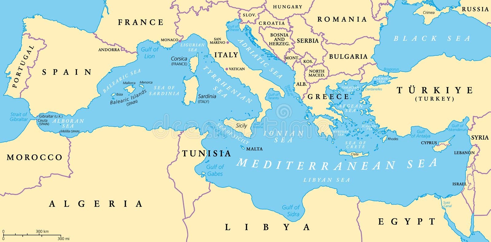 The Mediterranean Sea, Countries and Borders, Gray Political Map Stock ...
